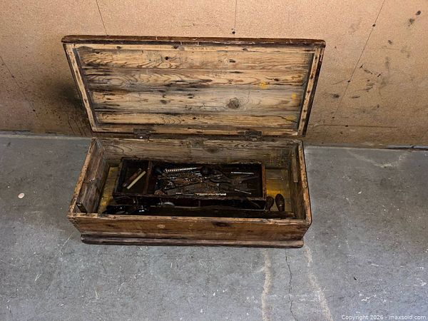 Wooden tool chest with removable tray and hand tools | Maxsold