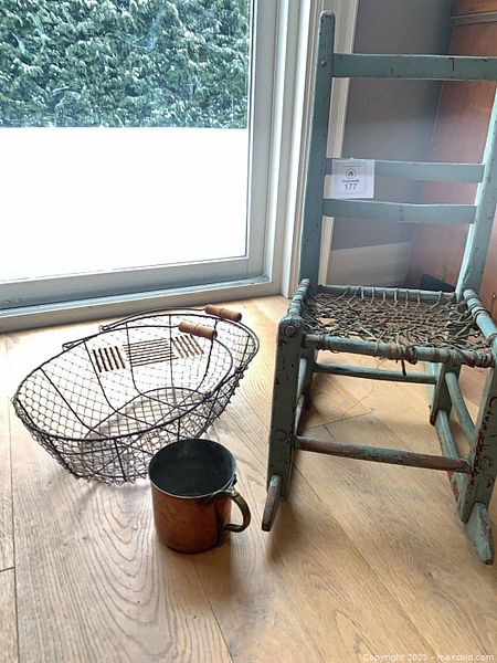 Antique child’s rocking chair, wire basket, copper mug | Maxsold