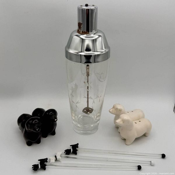 Glass Dog Swizzle Sticks, Chrome Cocktail Shaker, Dachshund Salt ...