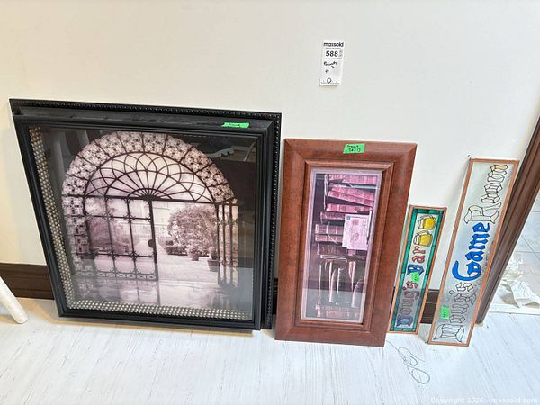 Shadow box print, framed book print, two glass hanging signs | Maxsold