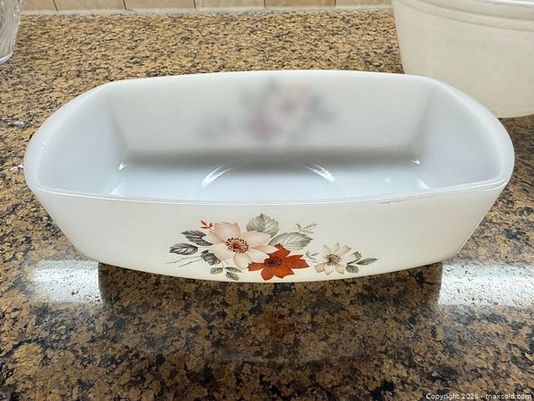 Fire-King white milk glass floral casserole | Maxsold