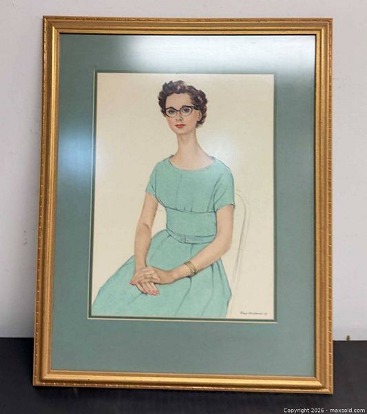 Vintage framed colored pencil portrait by Grant MacDonald, 1958 | Maxsold