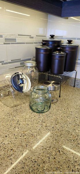 Metal canister set, shelf riser, glass jars | Maxsold