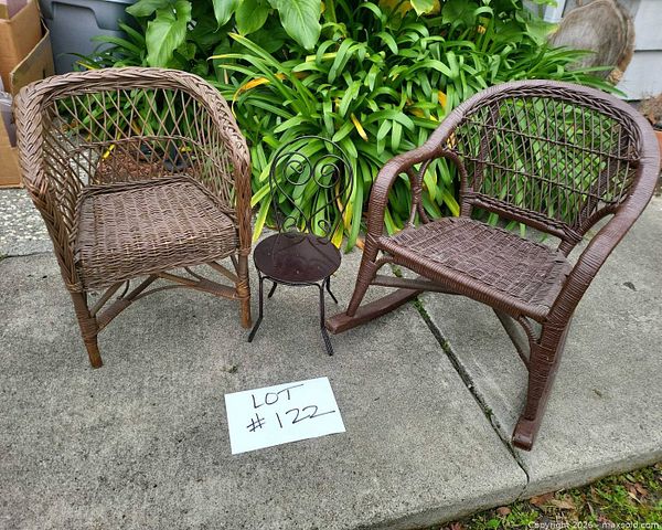 Two Wicker Child Chairs & Metal Decorative Chair | Maxsold