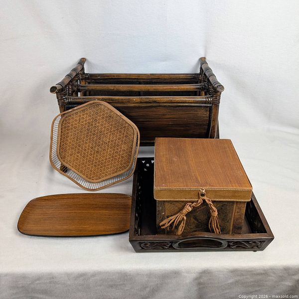 Pier 1 bamboo magazine rack with wood and wicker trays, box | Maxsold