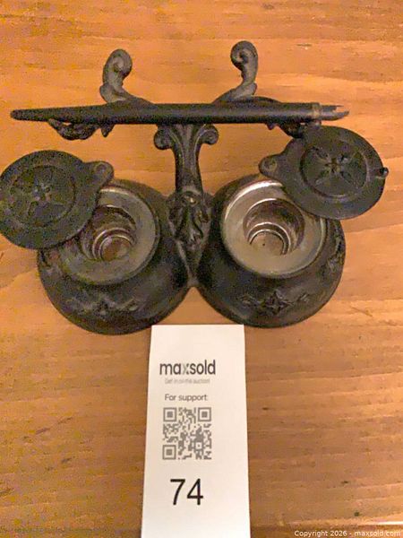 Victorian cast metal double inkwell with pen | Maxsold