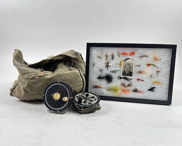 Vintage fly fishing display, canvas bag, reels and fly cases | Maxsold
