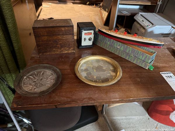 Wood Box, Chad Valley RMS Queen Mary Model Ship, Coin Bank, Brass Coin ...