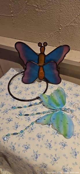 Stained glass butterfly suncatcher, metal ring stand, two beaded fabric ...