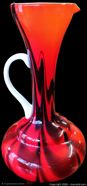 Red Black Swirl Art Glass Ewer Vase with White Handle | Maxsold