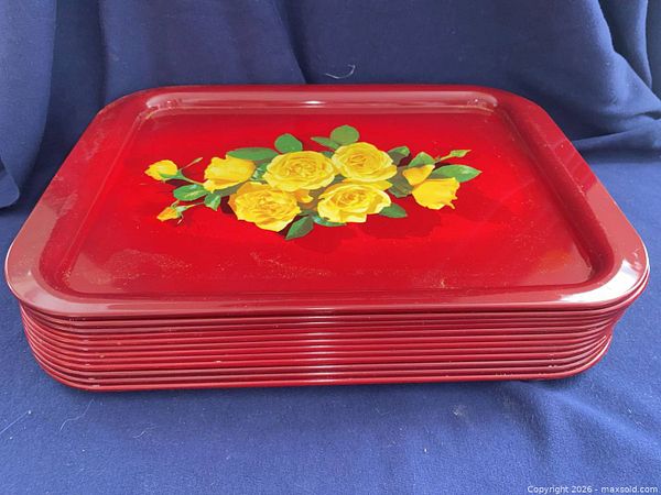 Set of 12 red metal trays with yellow rose motif | Maxsold