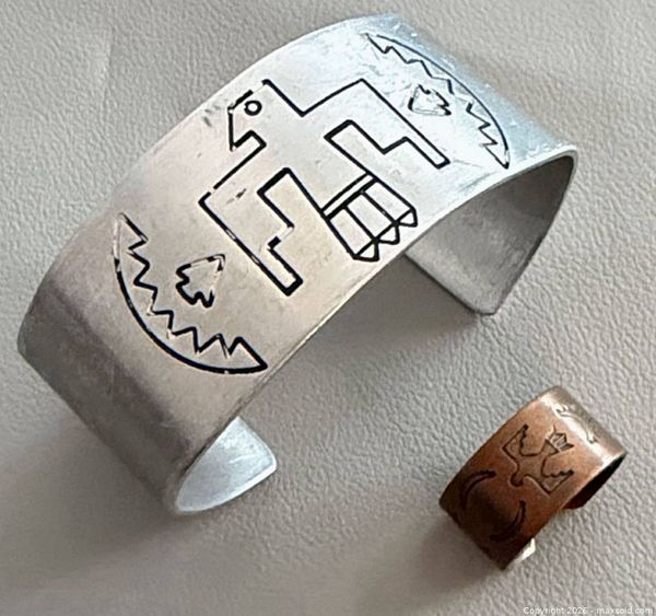 Vintage metal tribal design cuff bracelet and ring | Maxsold