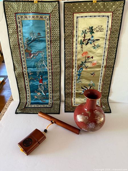 Eaton Collection Japanese Vase, Embroidered Silk Panels, Inro And ...