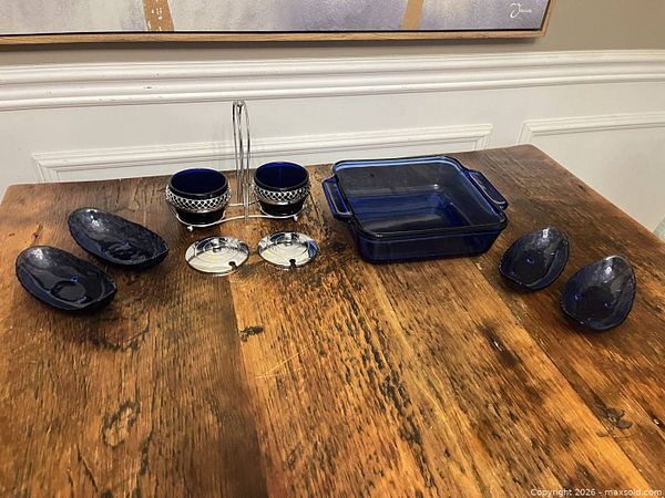 Cobalt blue glass bakeware and serve set | Maxsold