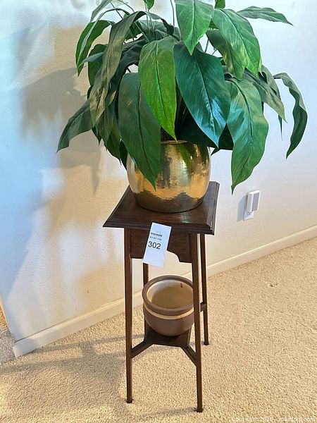 Mission style arts & crafts wood plant stand with hammered brass ...