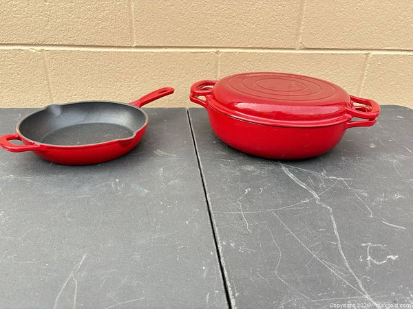 Staub cherry red 3.5-qt braiser with lid and 10-inch fry pan | Maxsold