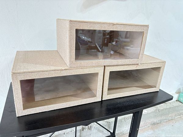 Set Of 3 Container Store Beige Stackable Fabric Storage Boxes With ...