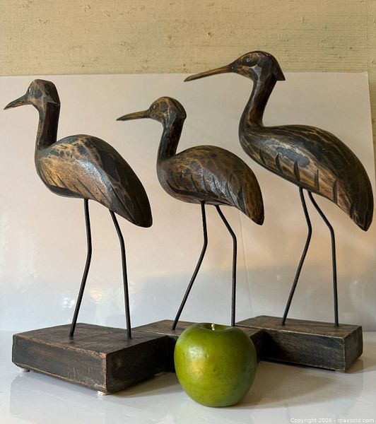 Hand-carved wooden bird sculptures, set of three | Maxsold