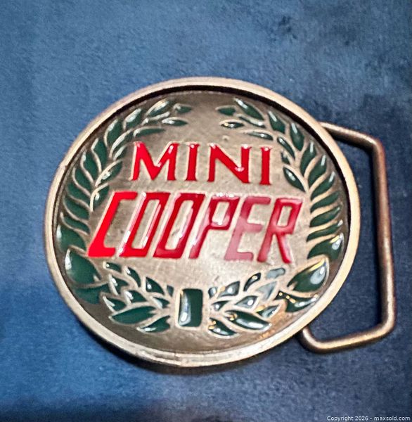 Vintage Mini Cooper Pewter Belt Buckle Red Green Enamel | Maxsold