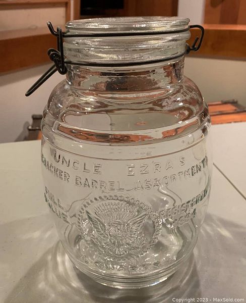 Vintage Uncle Ezra's Cracker Barrel Clear Glass Cookie Jar | Maxsold