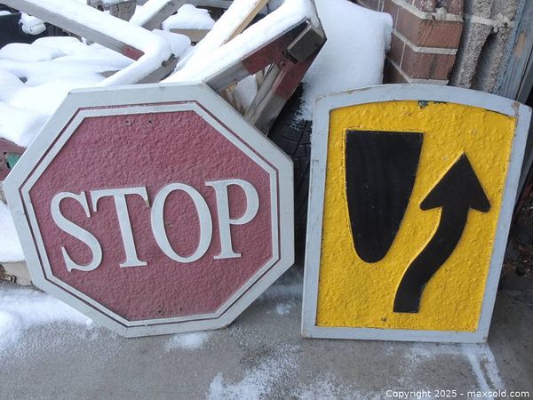 4 Vintage Wooden Stop, Keep Right & School Bus Stop Ahead Signs | Maxsold