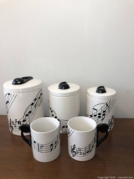 Shafford Ceramic Canister Set with Mugs, Music Note Design, c1980 | Maxsold