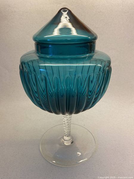 Turquoise blown glass pedestal lidded vessel | Maxsold
