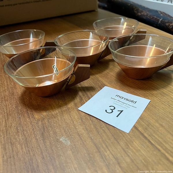 Jenaer Glas copper & teak handled coffee cups, set of 5 | Maxsold